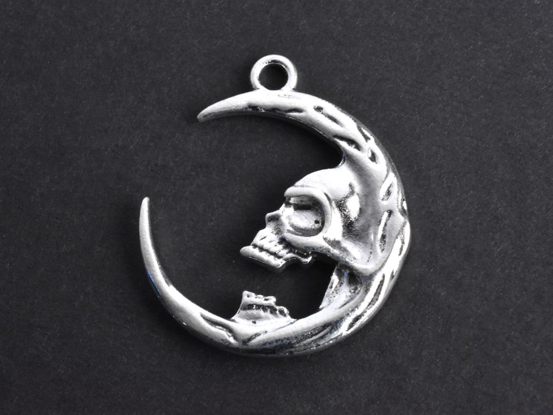 Skull in Crescent Moon Charm, Silver Tone Two Sided Pendant, 28x23mm ...
