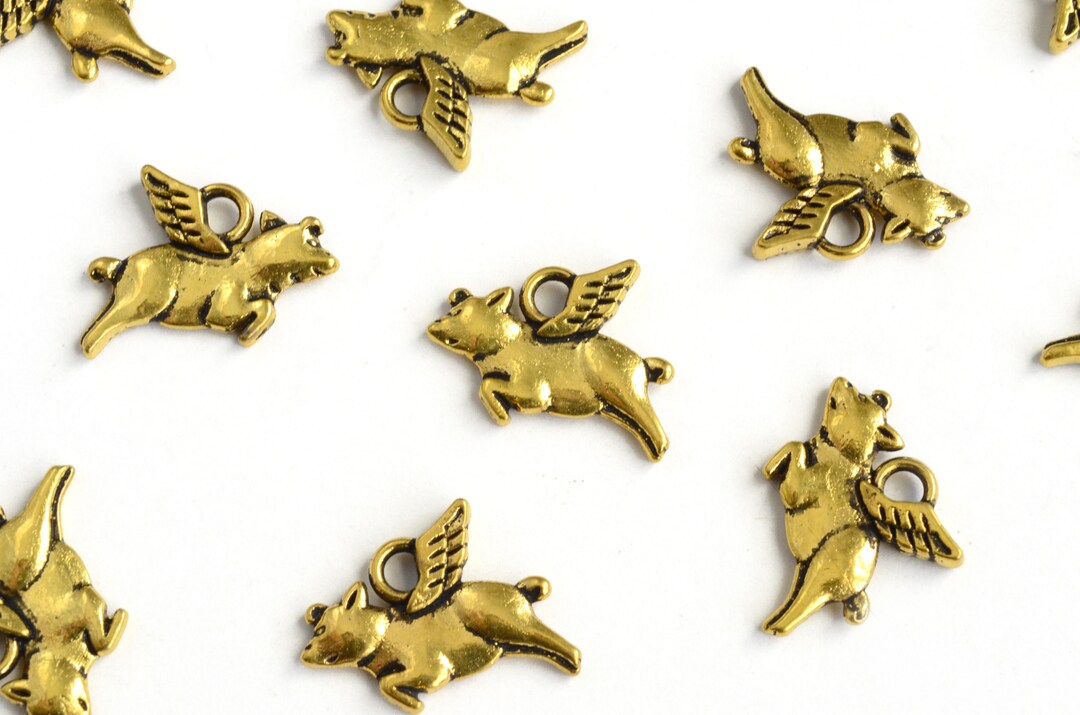 Flying Pig Charms Antique Gold Two Sided 15mm X 10mm - 10 Pieces (486 ...