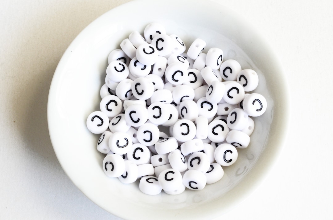 Letter C Plastic Alphabet Beads, White With Black Initial, 7mm X 3.5mm ...