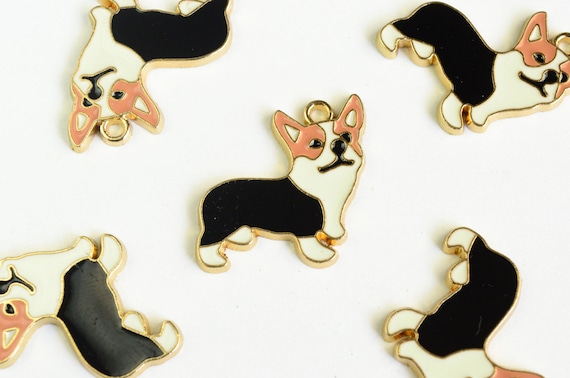Dog Charms Enamel Corgi Pendants Gold Tone Tri-color 24mm X | Etsy
