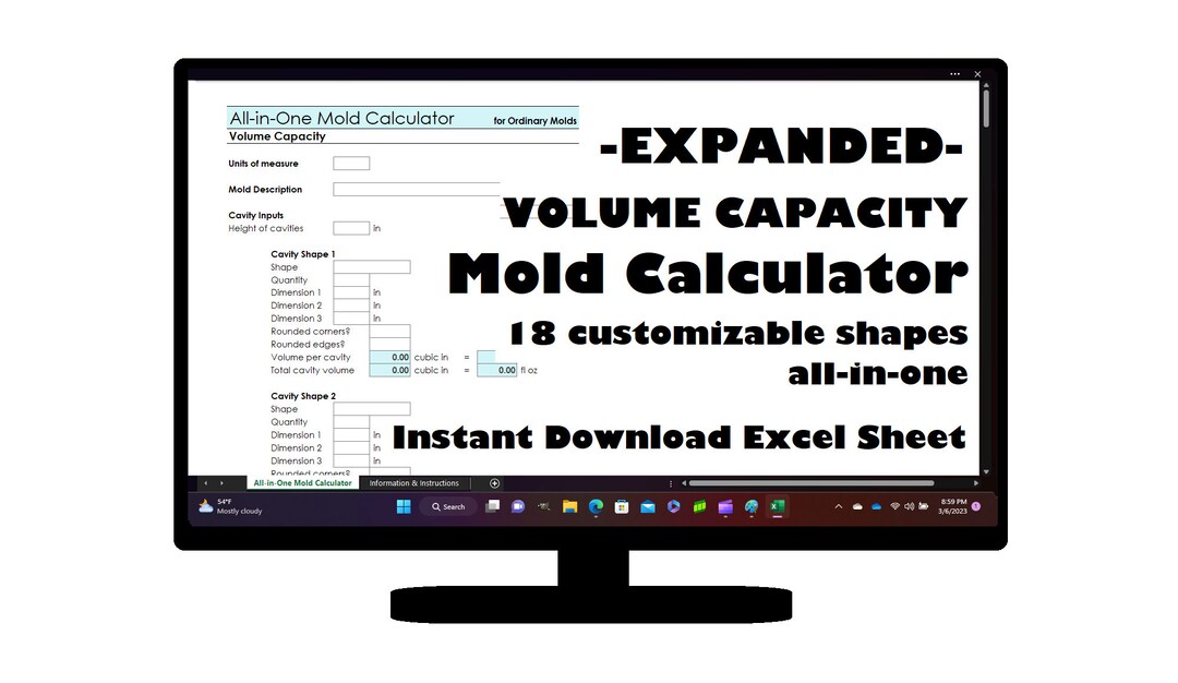 MOLD CALCULATOR Excel Spreadsheet Volume for Any Shape & Size Convert ...