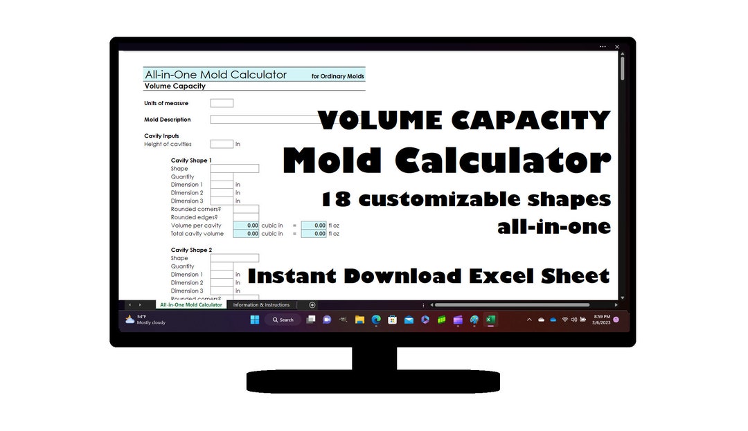 MOLD VOLUME CALCULATOR | Excel Spreadsheet | Fully Customizable Shapes ...