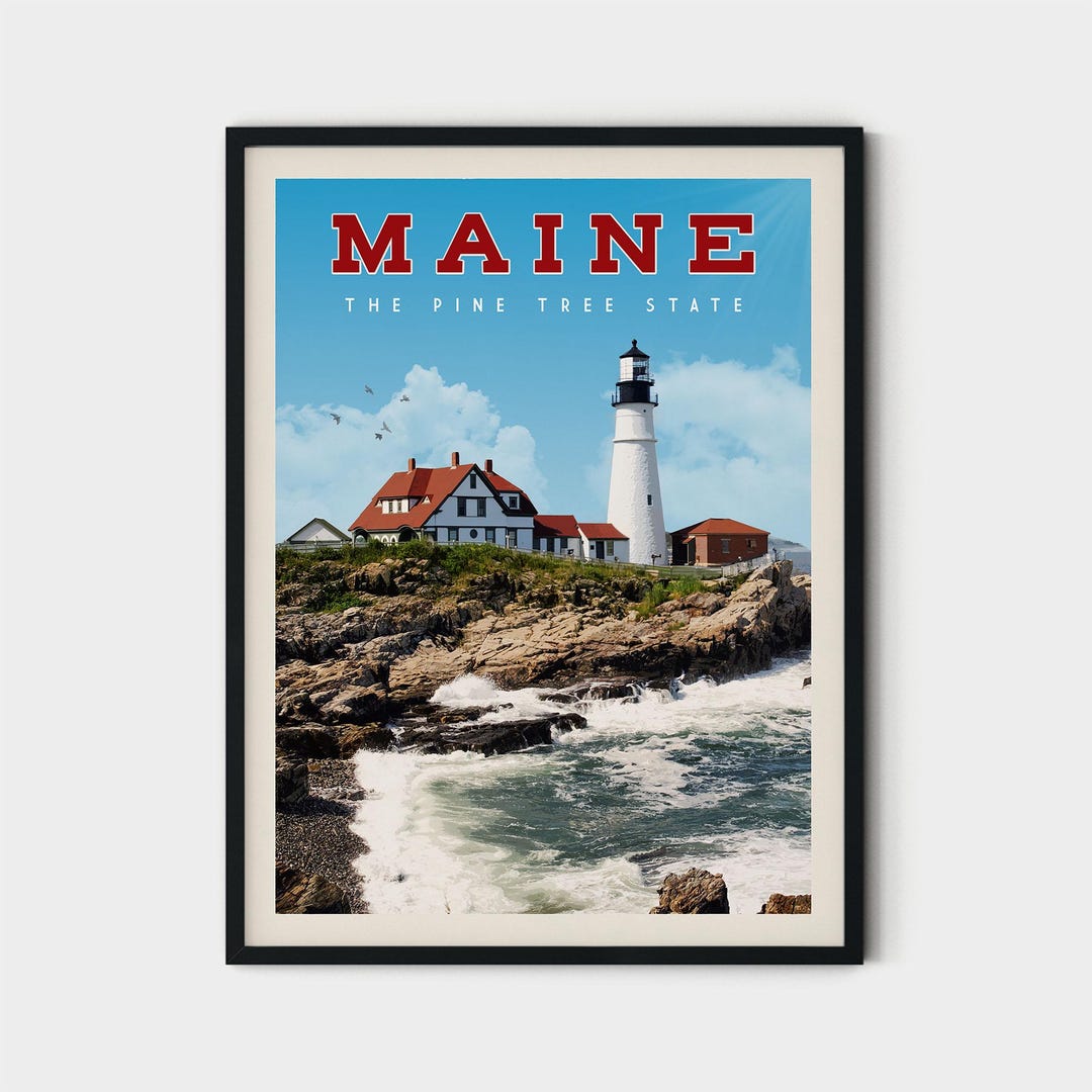 Maine Travel Poster, Maine Print, Maine Art Canvas, Maine Coast Beach ...
