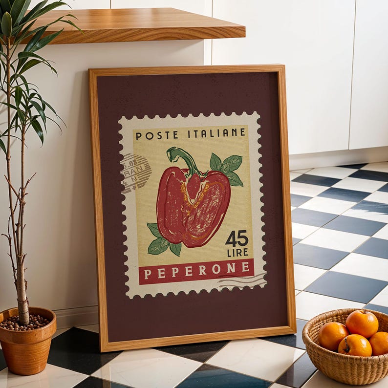 Red Bell Pepper Poster, Retro Stamp Poster | Retro Kitchen Print ...