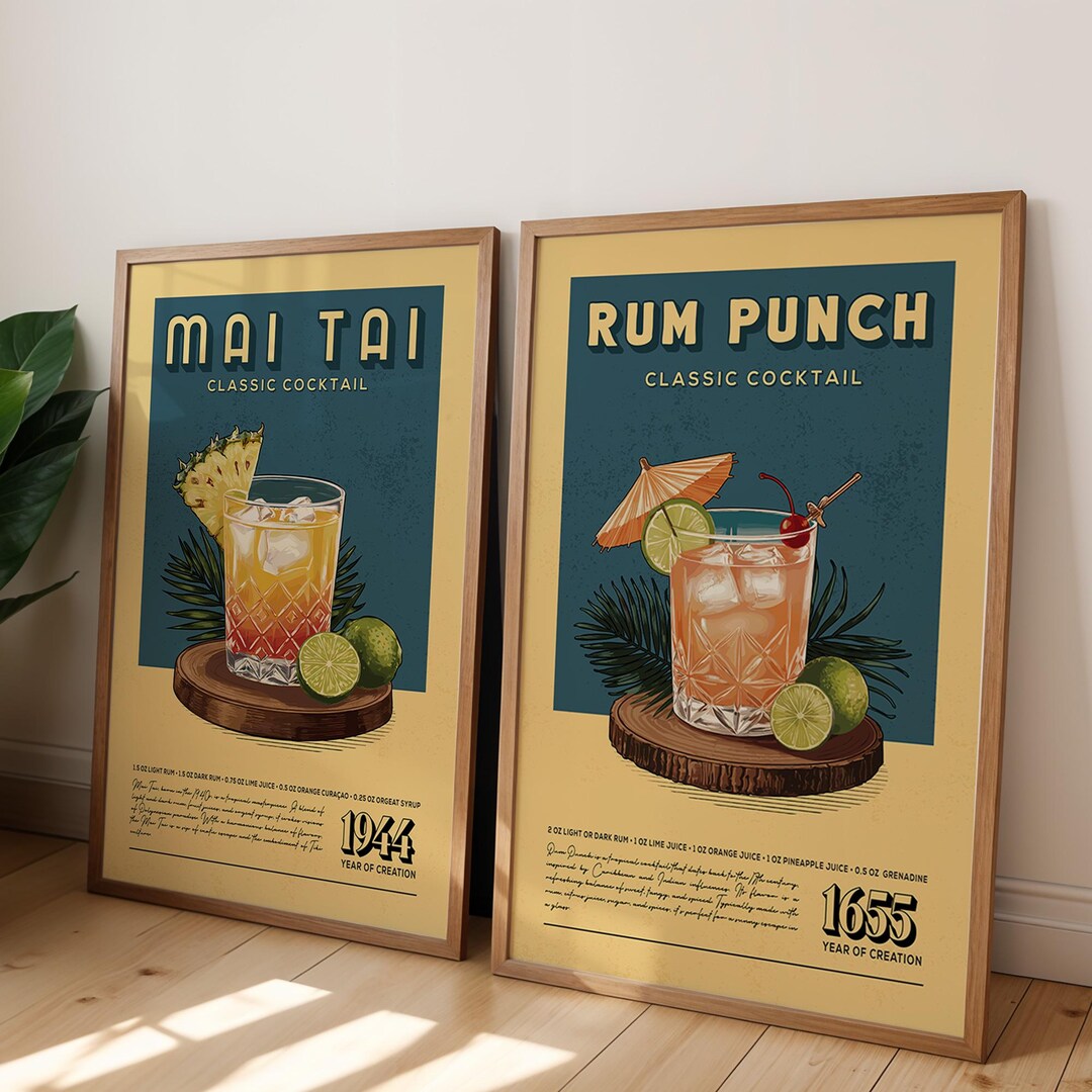 Cocktail Poster Set of 2 | Rum Punch and Mai Tai Prints, Bar Cart Gift ...
