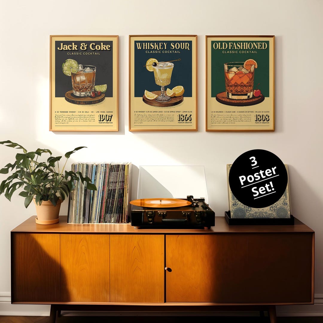 Cocktail Poster Set of 3 | Old Fashioned, Jack and Coke, Whiskey Sour ...