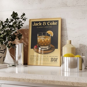 Jack and Coke Cocktail Print, Jack and Coke Cocktail Poster Bar Cart ...