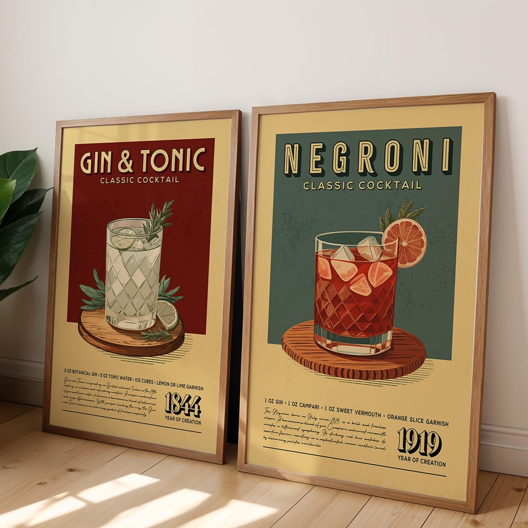 Cocktail Poster Set of 2 | Negroni and Gin & Tonic Prints, Bar Cart ...