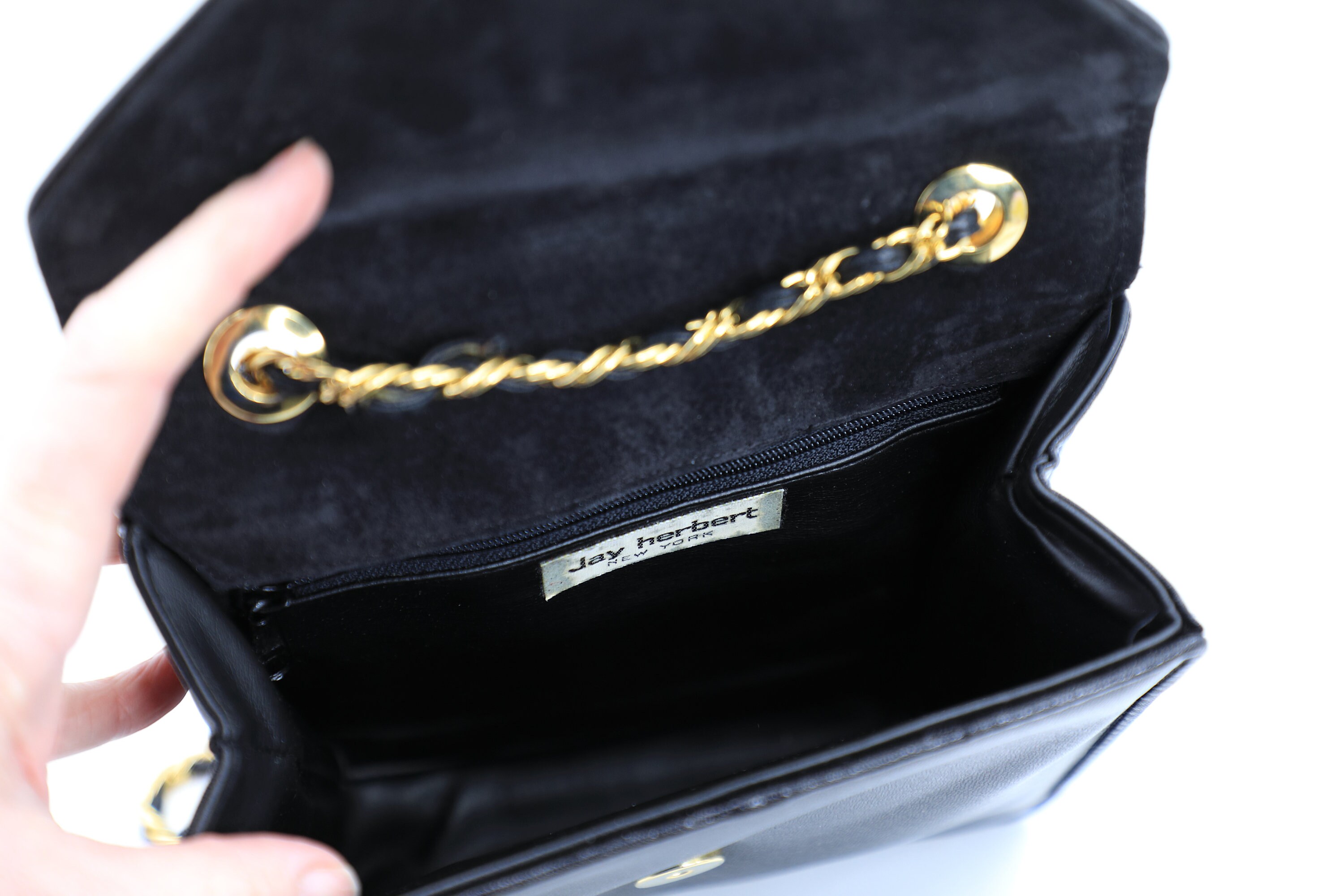 Jay Herbert Handbag W/ Chain Strap - Vintage Black Leather Evening Bag ...