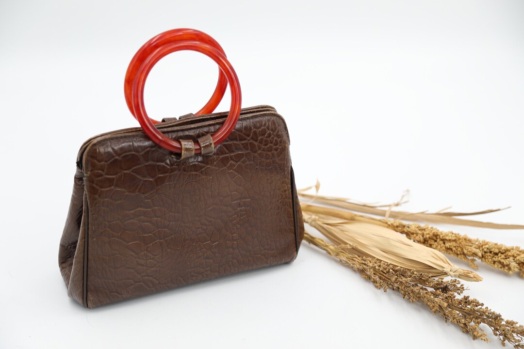 1950s Ronay Croc Handbag With Lucite Handle - Vintage Satchel Purse ...