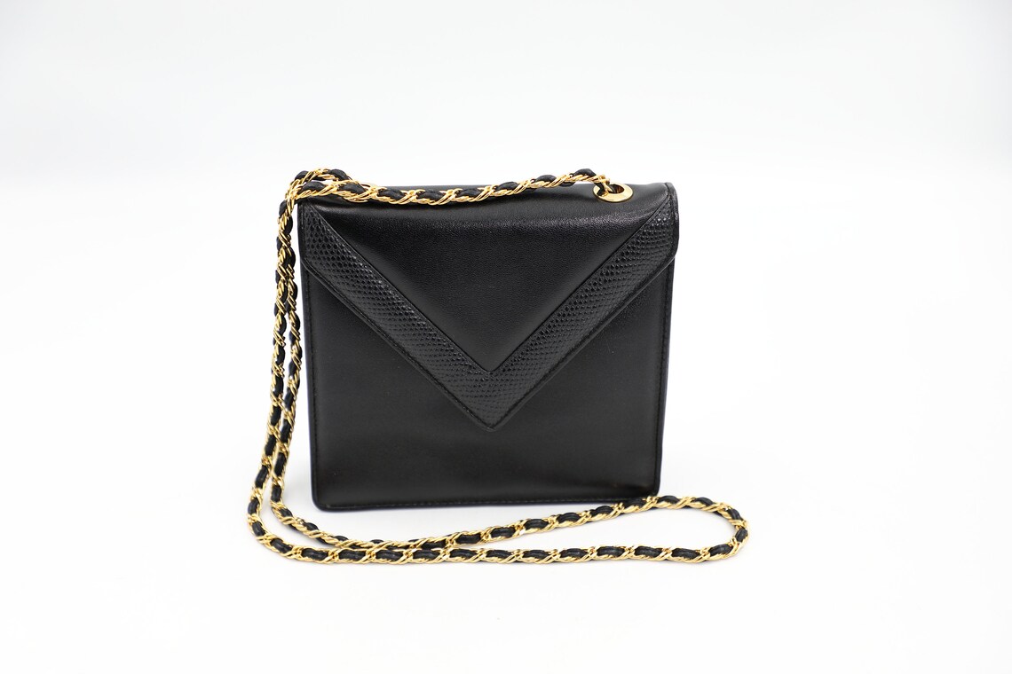 Jay Herbert Handbag W/ Chain Strap - Vintage Black Leather Evening Bag ...
