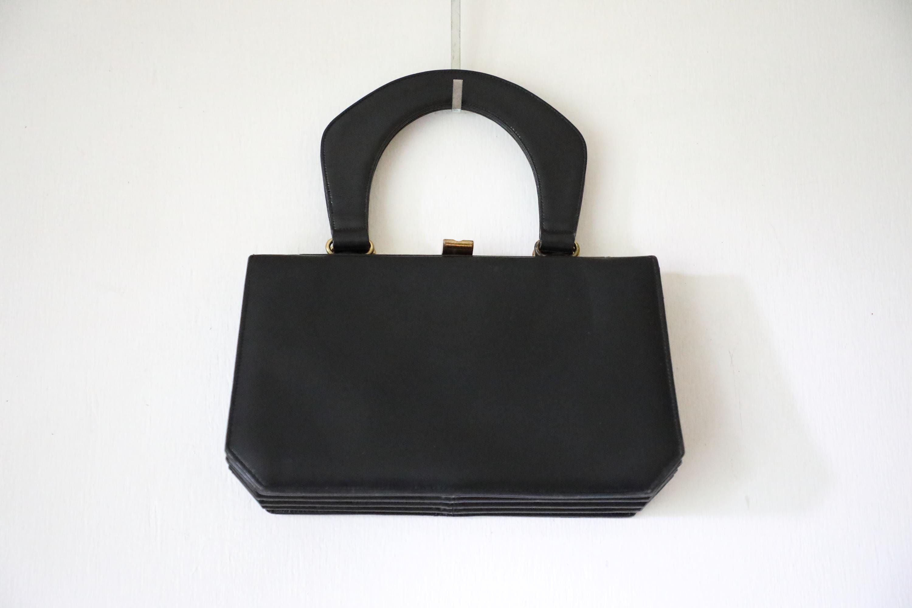 Vintage Susan Gail Black Accordion Handbag - 1950s Leather Satchel ...