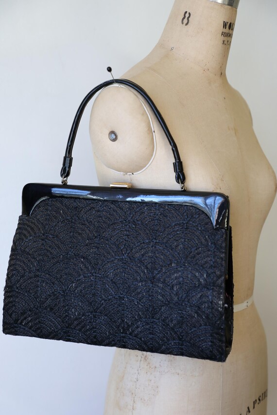 1960s Lewis Tweed Raffia Embroidered Purse - Gem