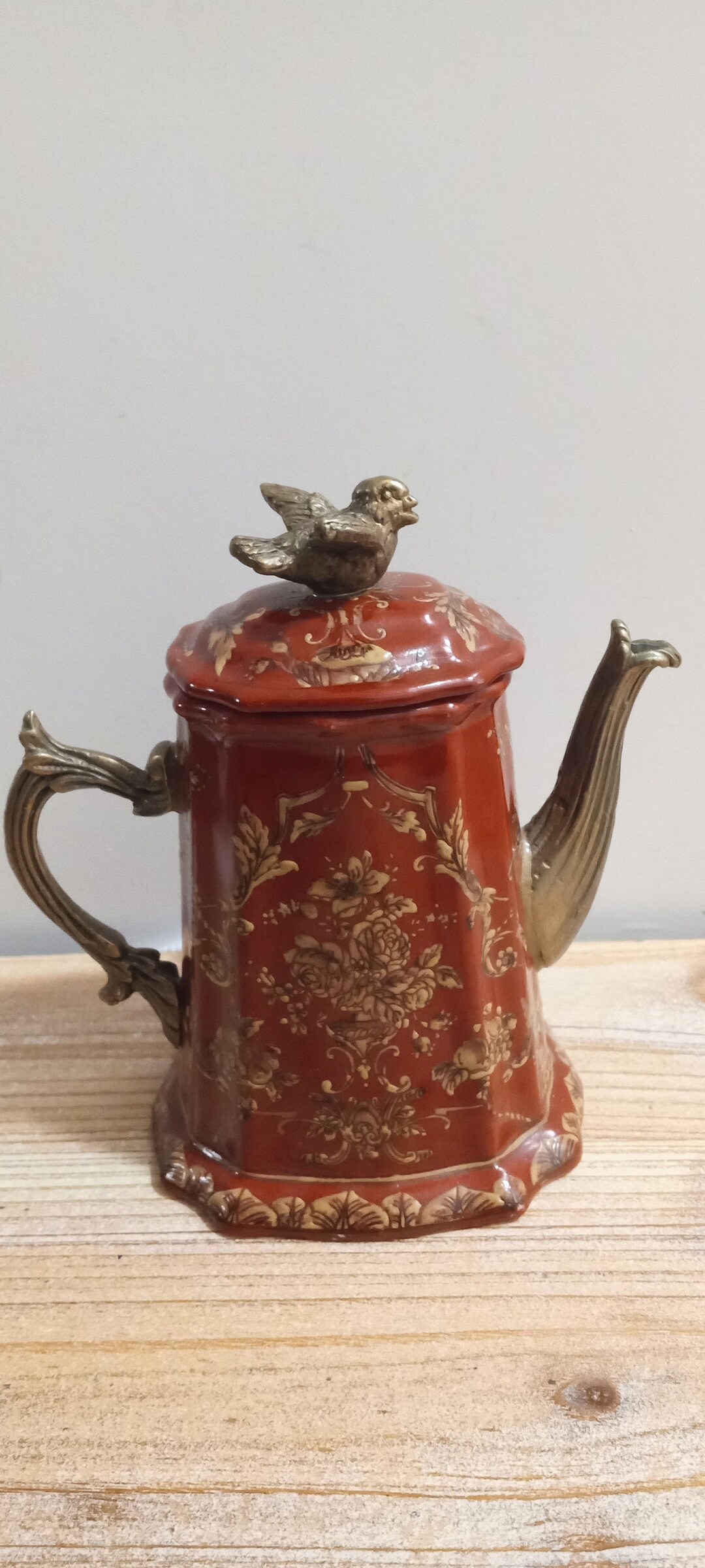 Beautiful Rare Ornate Mark Roberts Red Floral Porcelain Cast Brass ...