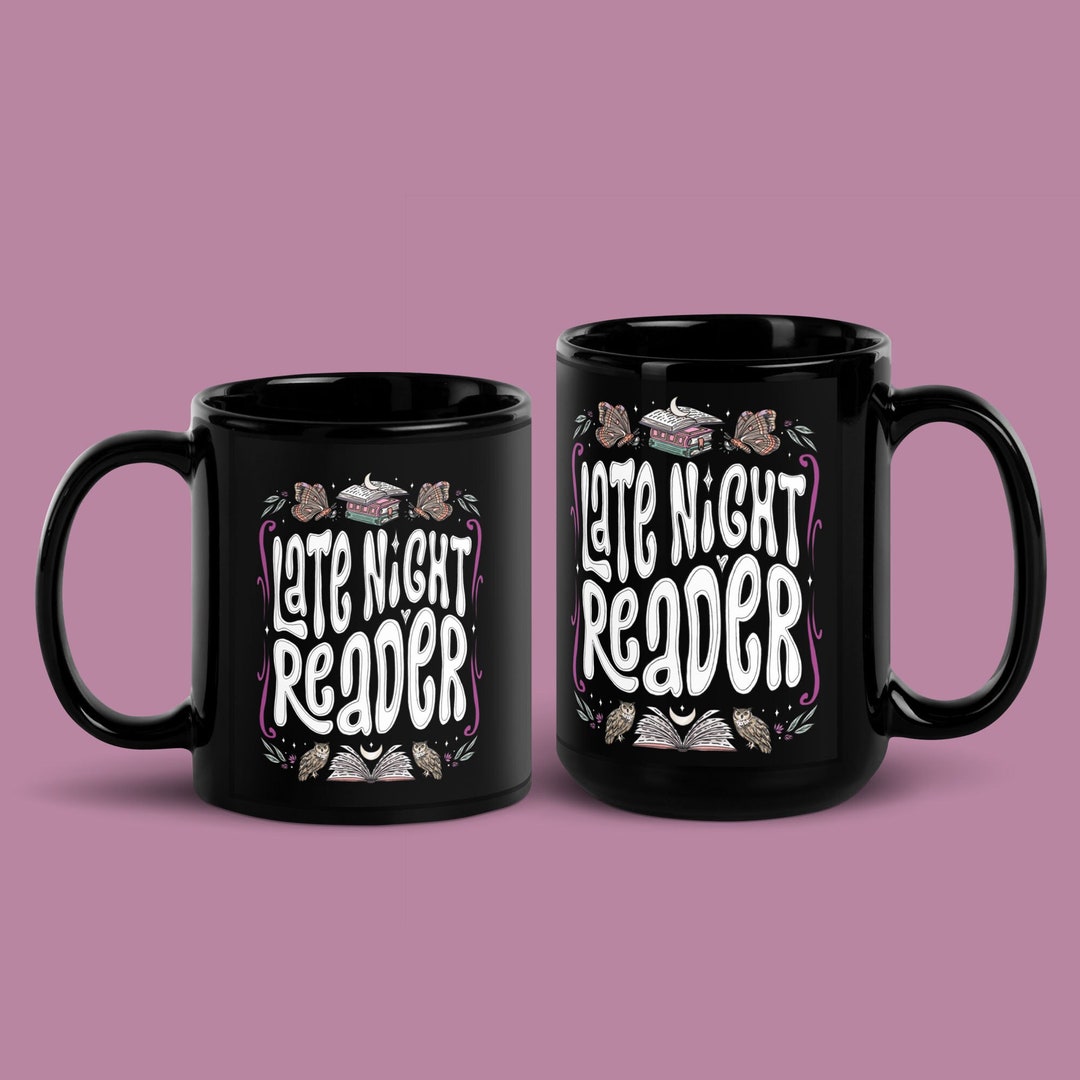 Late Night Reader // Moon Moth Owl Books // Bookish Mug | Black Glossy Mug - Etsy