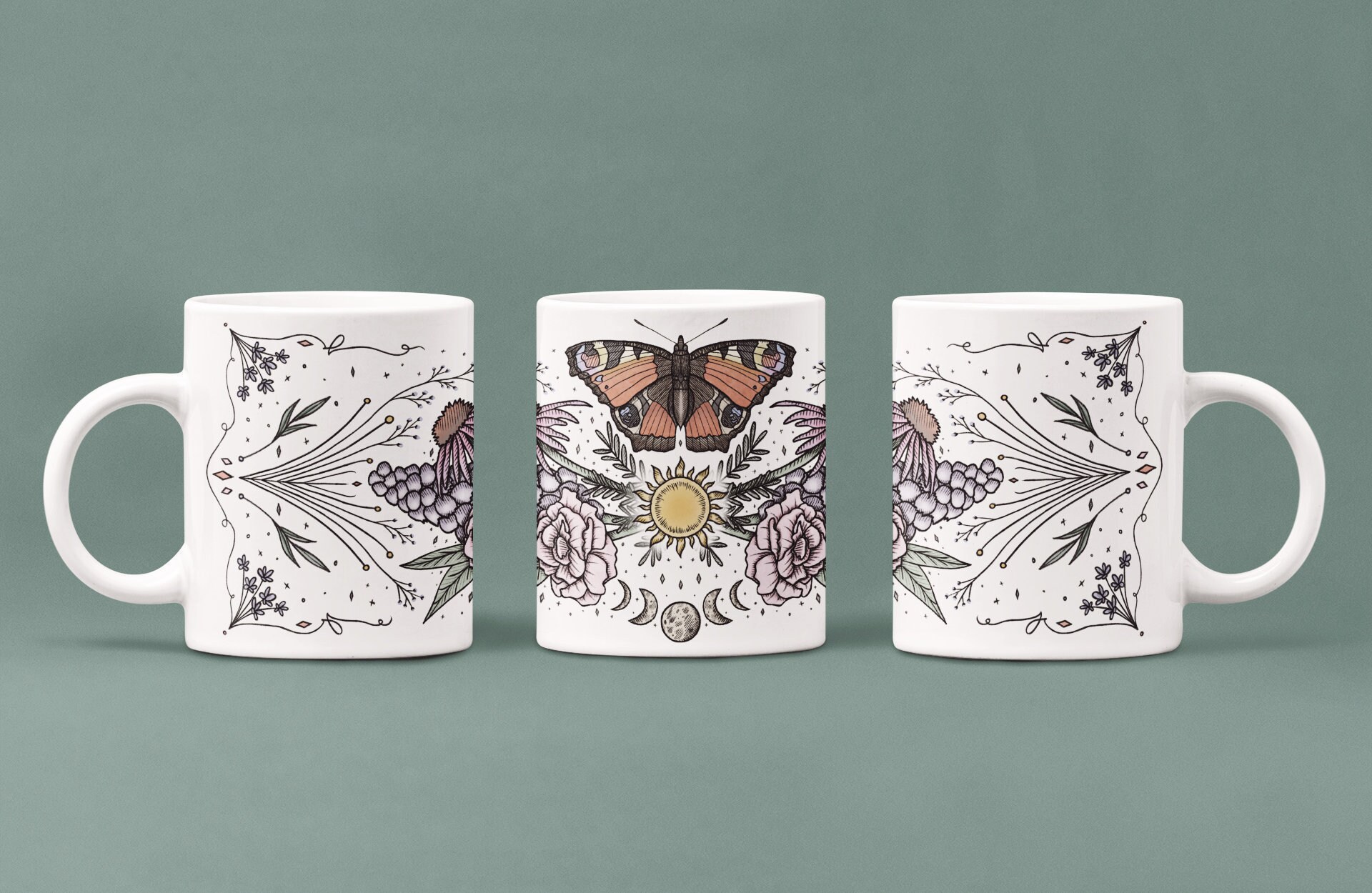 Celestial Butterfly Sun / Moon Phases / Flowers White Mug | Etsy