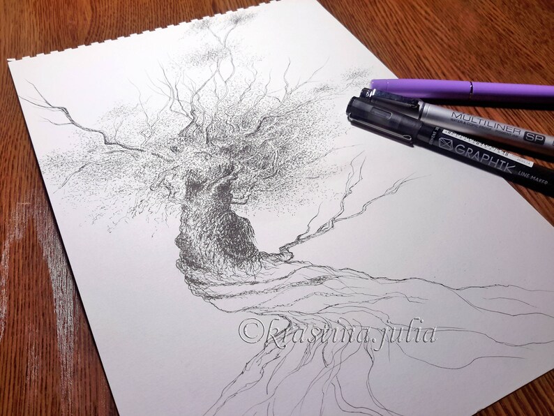 Ink Drawing Realistic Treeillustration Landscape Mystic Tree | Etsy