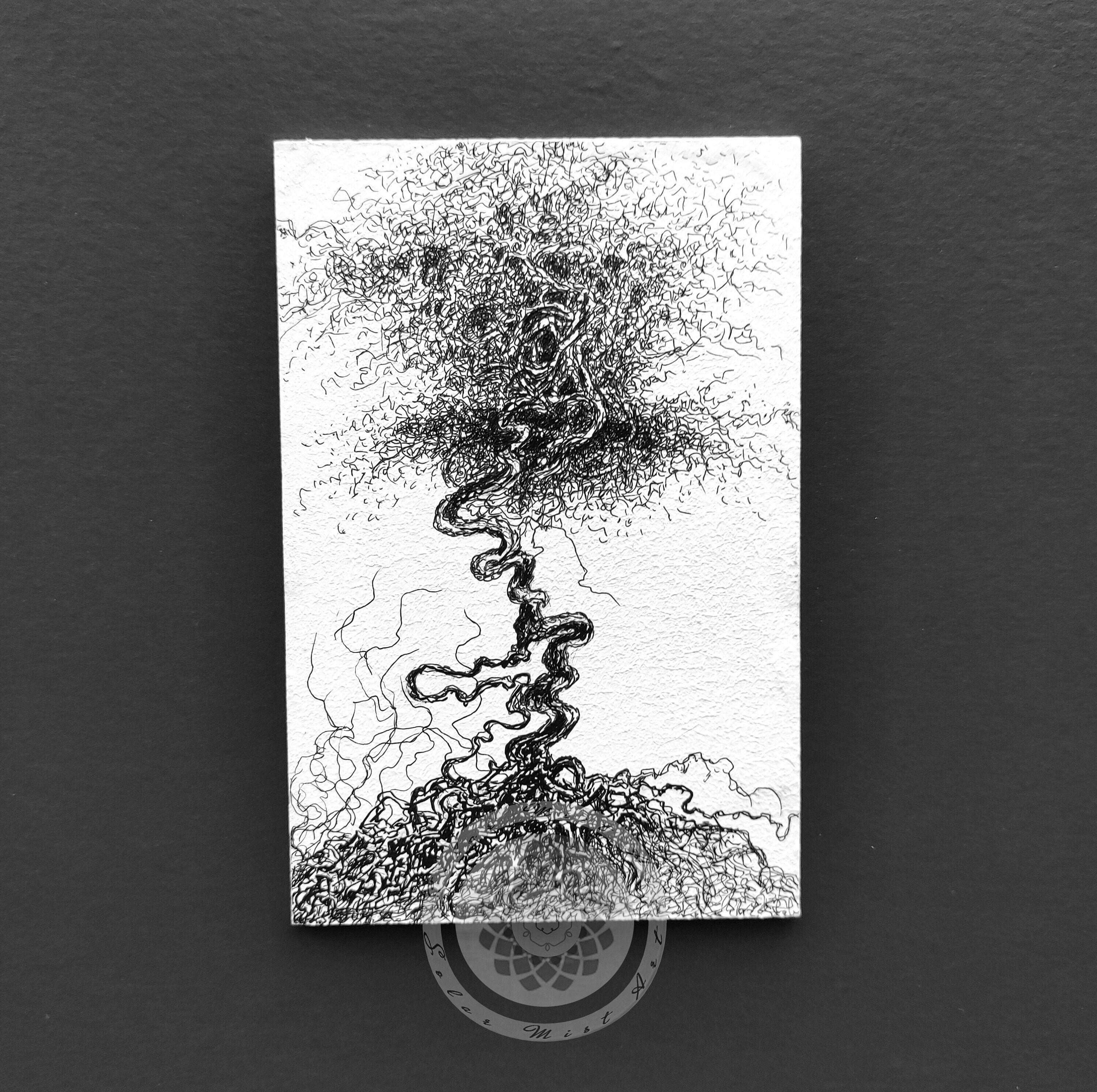 Ink Drawing Surreal Tree Landscape Tiny Trees Painted Grafics Homedecor ...