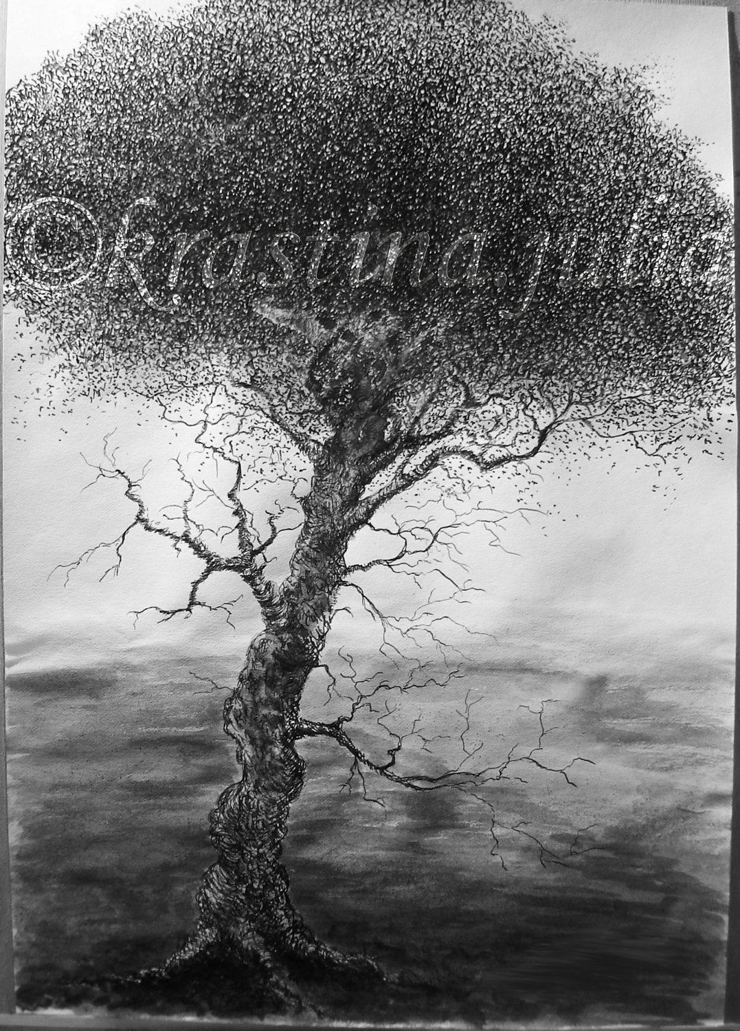 Ink Drawing Realistic Treeillustration Landscape Mystic Tree Painted ...