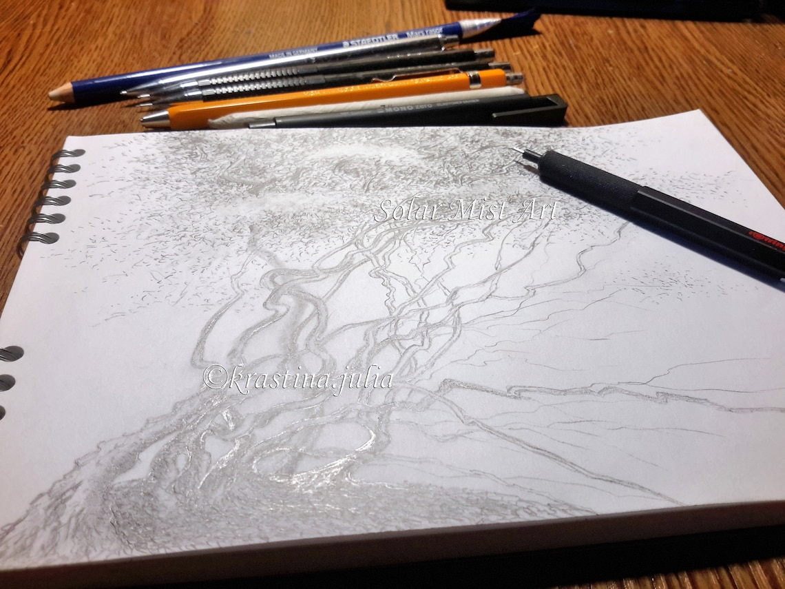 Pencil Drawing Realistic Tree Forest Illustration Landscape - Etsy