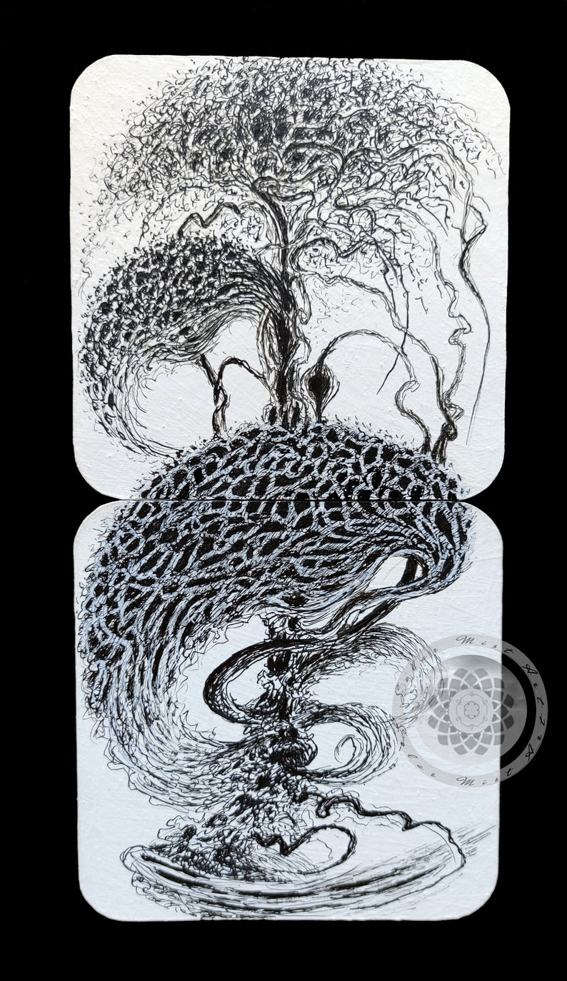 Ink Drawing Surreal Tree Landscape Tiny Trees Painted Grafics Homedecor ...