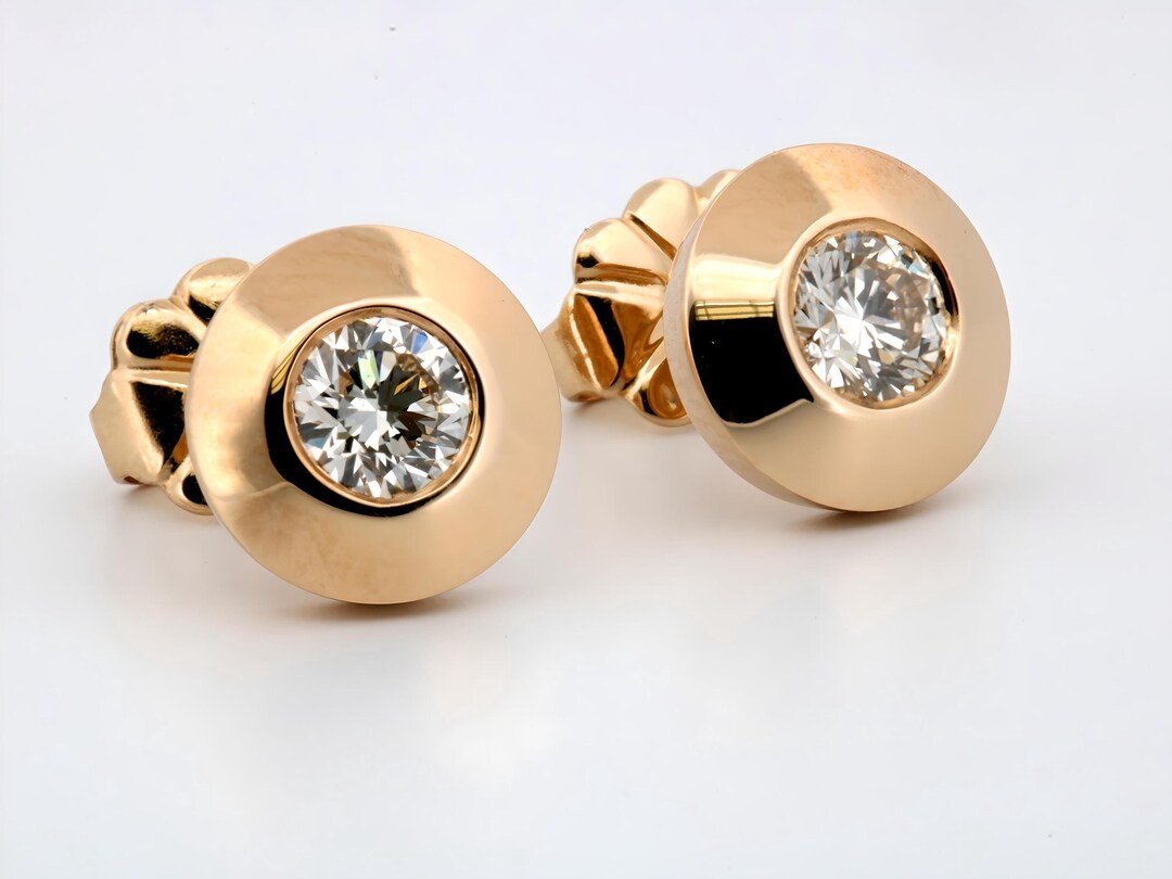 14k Yellow Gold Bevel Wide Bezel Diamond Studs 0.34 Ct - Etsy