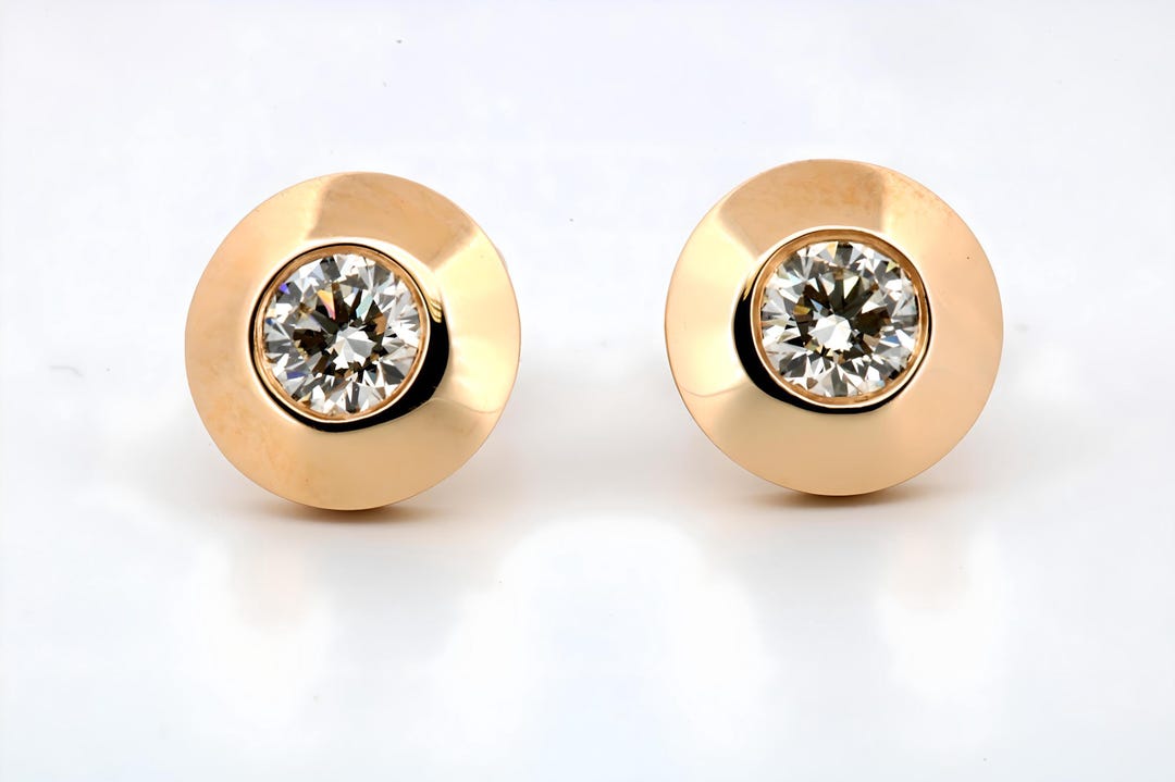 14k Yellow Gold Bevel Wide Bezel Diamond Studs 0.40y - Etsy