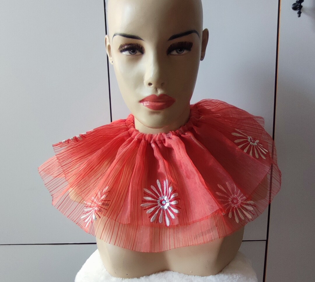 Light Red Organza Tulle Clown Collar Elastic Neck Circle Ruff, Elastic Circus Collar With Daisy ...
