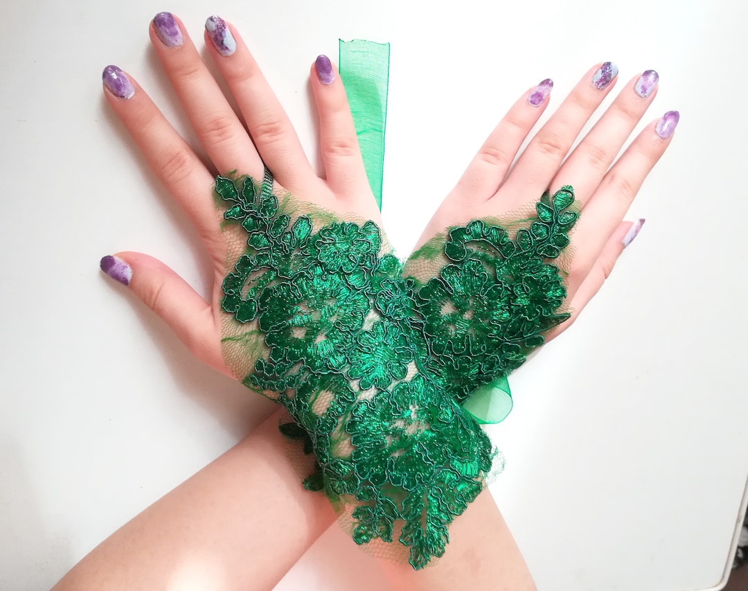Green Lace Gloves Fingerless Emerald Green Gloves - Etsy