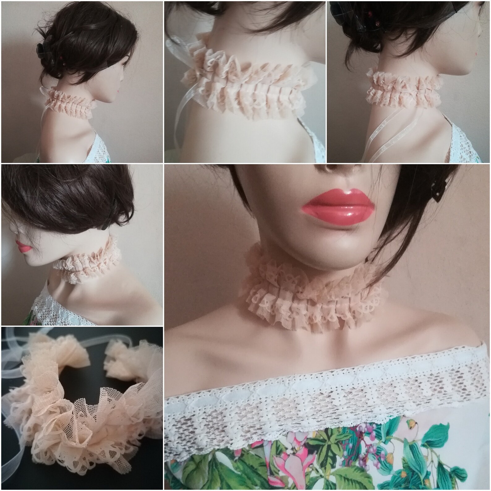 White Ruffle Collar Lace Choker, Vicrorian Style Pink, Skin Color ...
