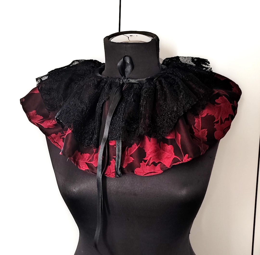 Black and Red Ruffle Collar, Satin Pierrot Clown Collar With Black Lace ...