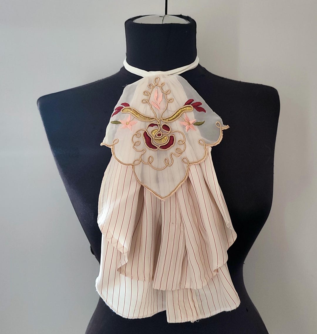 Upcycled Silk Jabot Tie With Flower Embroidered, Red Stripe in Beige ...