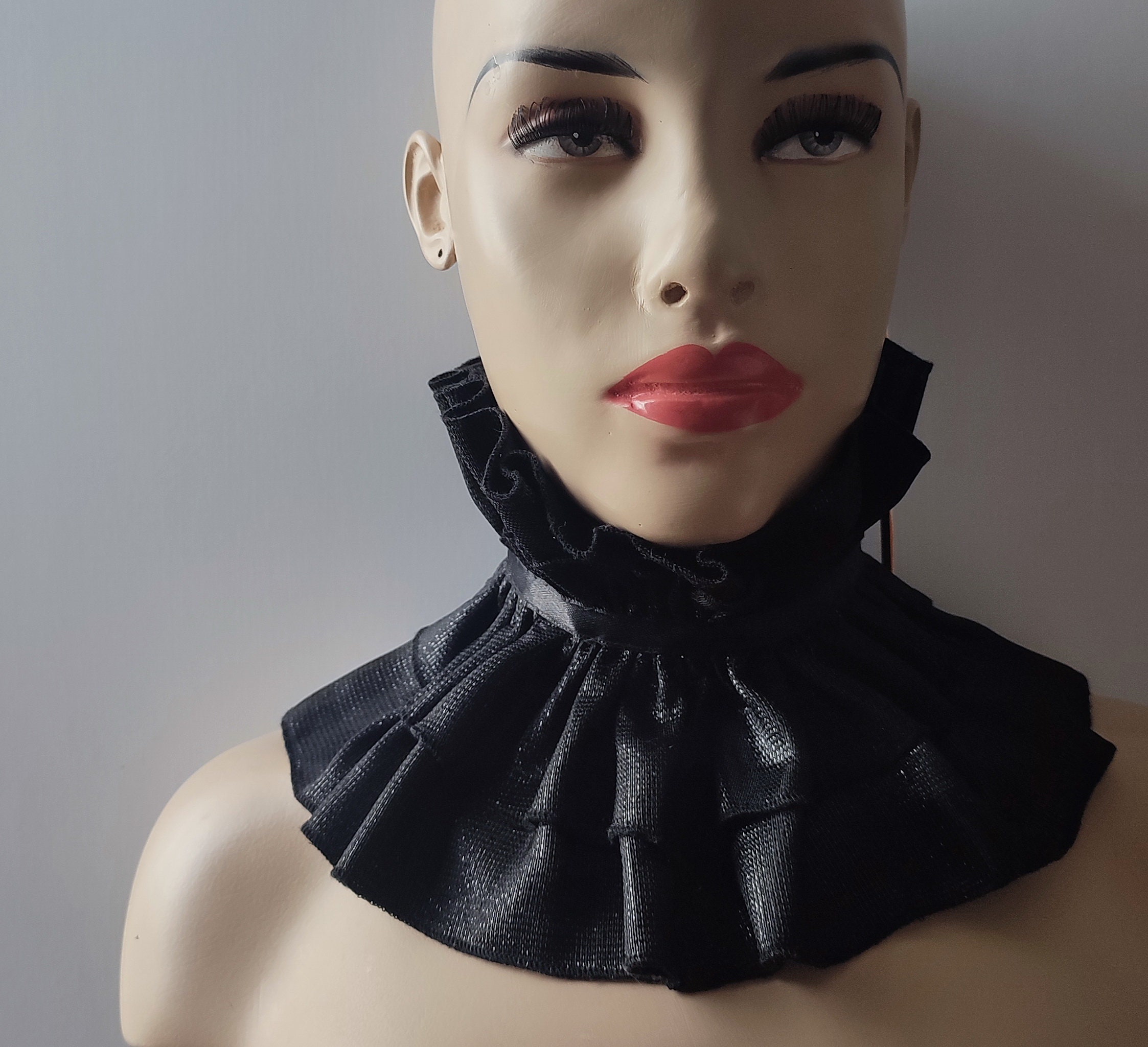 Black High Neck Collar, Wide Layered Ruffle Shimmer Black Neck Choker ...