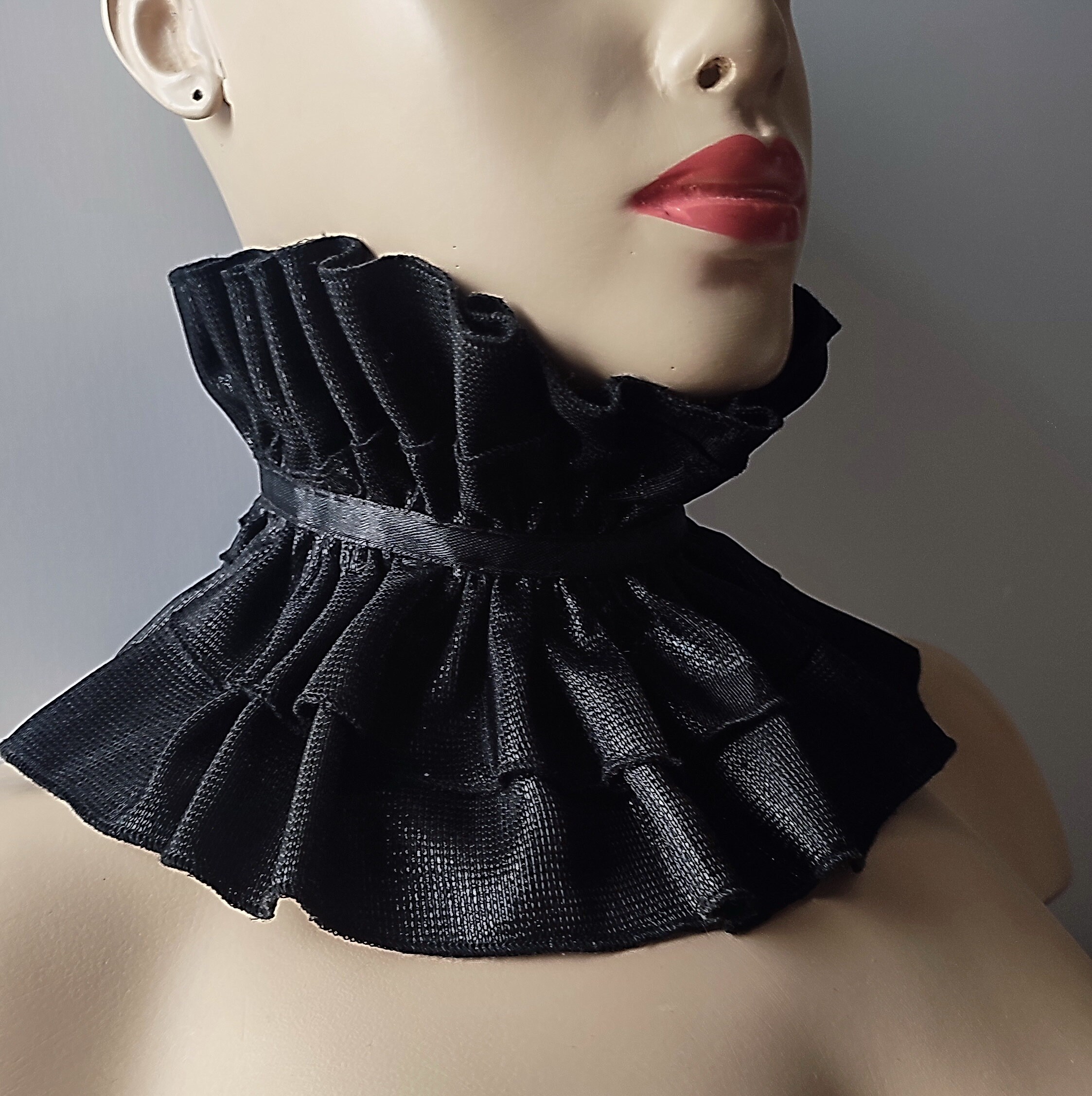 Black High Neck Collar, Wide Layered Ruffle Shimmer Black Neck Choker ...