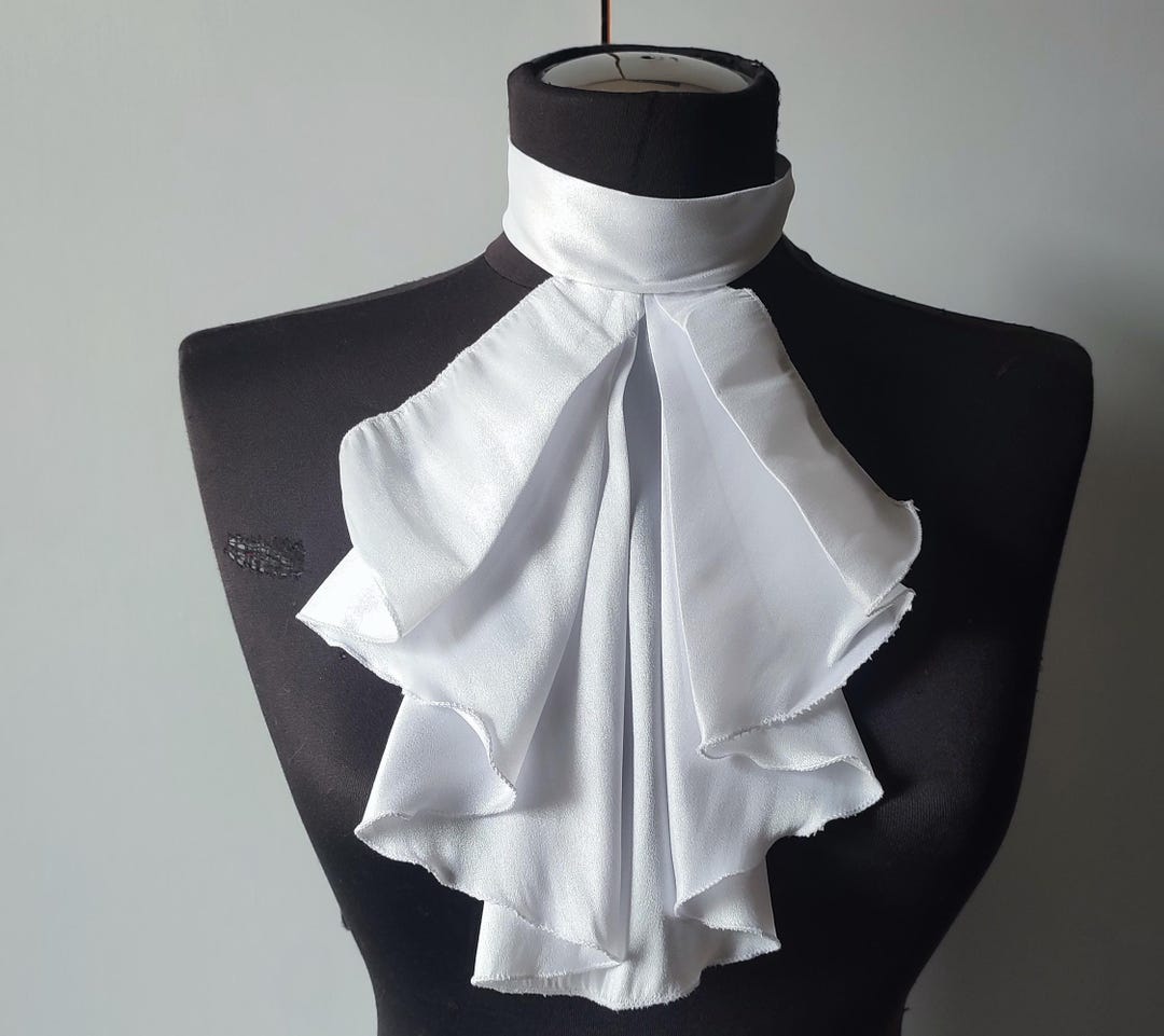 White Ruffle Collar Satin Jabot Neck Tie Cravat, Ruffle Jabot Necktie - Etsy