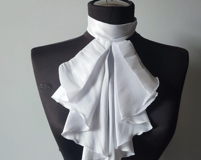 White Ruffle Collar Satin Jabot Neck Tie Cravat, Ruffle Jabot Necktie ...