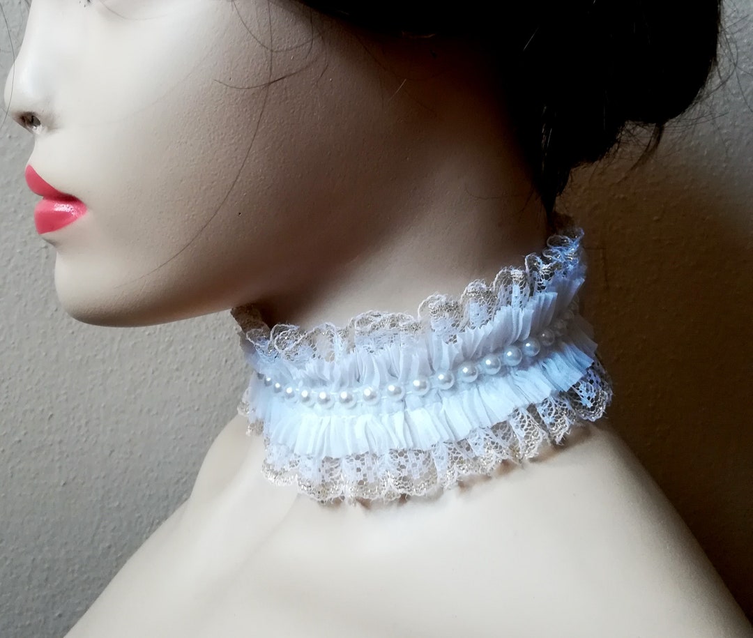 Ruffled Collar and Wrist Cuffs Set White Ruffle Choker Blue Neck Ruff ...