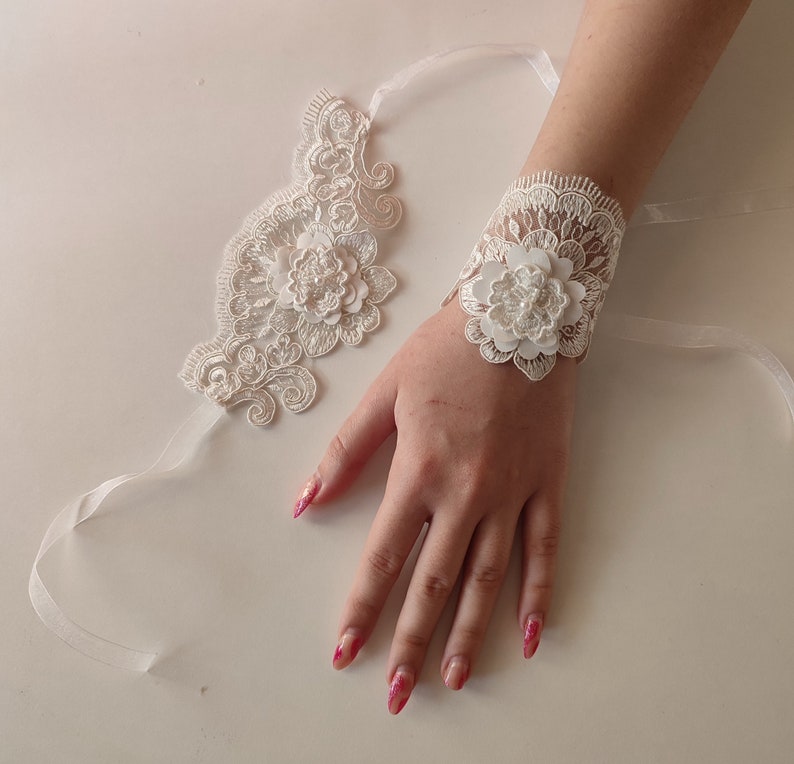 Bridal Wrist Cuffs, Bridal Lace Bracelet, Ivory Wrist Cuff With Layered ...