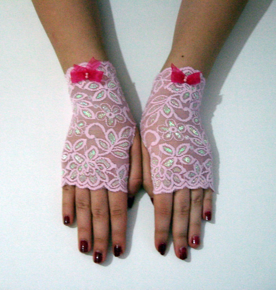 Pink Lace Gloves Fingerless, Light Pink Wedding Gloves, Stretch Lace ...