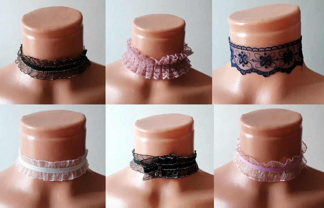 Elastic Pink Ruffle Choker Lace Necklace, Black Stretchy Ribbon Tiny ...