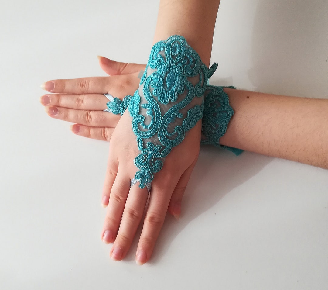 Blue Lace Fingerless Gloves Women, Aqua Blue Glove Mermaid, Bridal ...