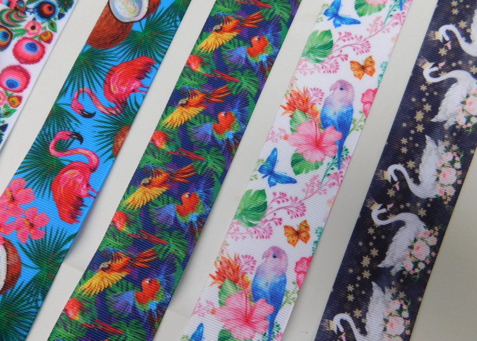 1.5" Exotic Birds Ribbon - Parrot, Peacock, Flamingo, Swan - 38mm ...