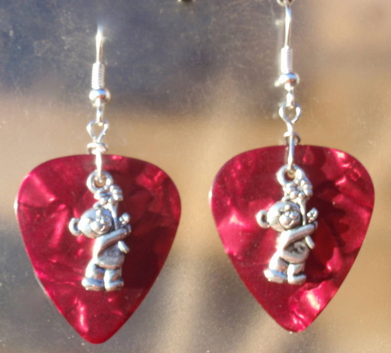 Teddy Bear Flower Earrings, Dangling Silver Guitar Pick Jewelry, Choice ...