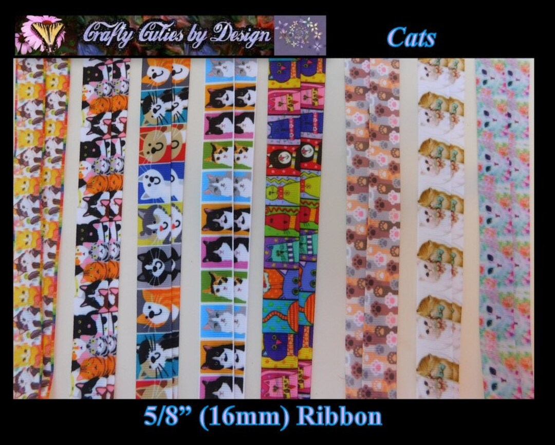 5/8" Ribbon - Cats - Hi Five Paws, Comical Cat, Whimsical Kitten, Tabby ...