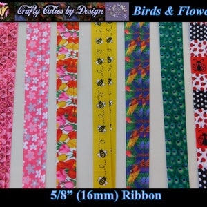 5/8" Ribbon - Birds & Flowers - Parrots Macaws, Peacock Feathers, Bees ...