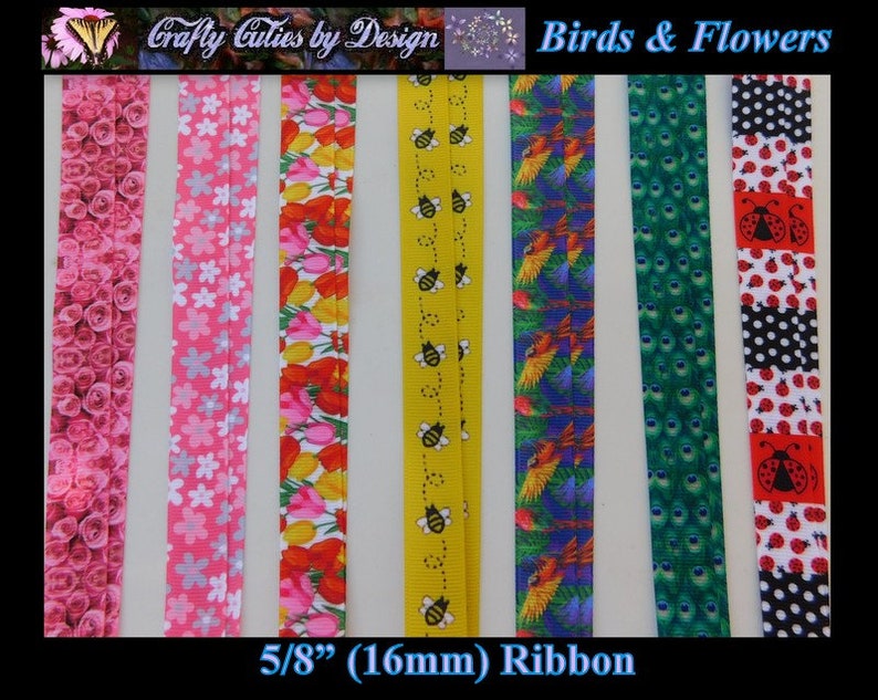 5/8" Ribbon - Birds & Flowers - Parrots Macaws, Peacock Feathers, Bees ...