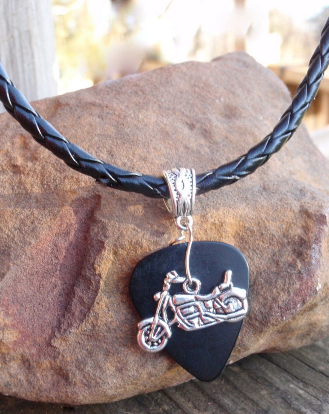 Motorcycle Necklace Guitar Pick, Biker Jewelry, Tibetan Silver Braid ...