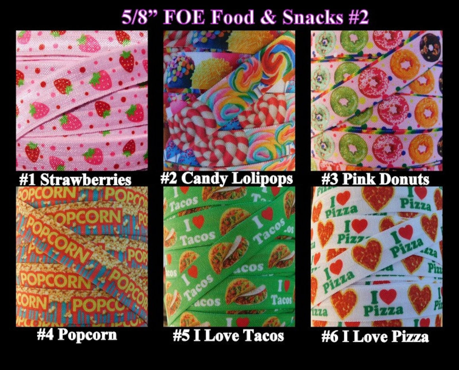 FOE Ribbon - Food & Snacks #2 - 5/8" 16mm - Printed Fold Over Elastic ...