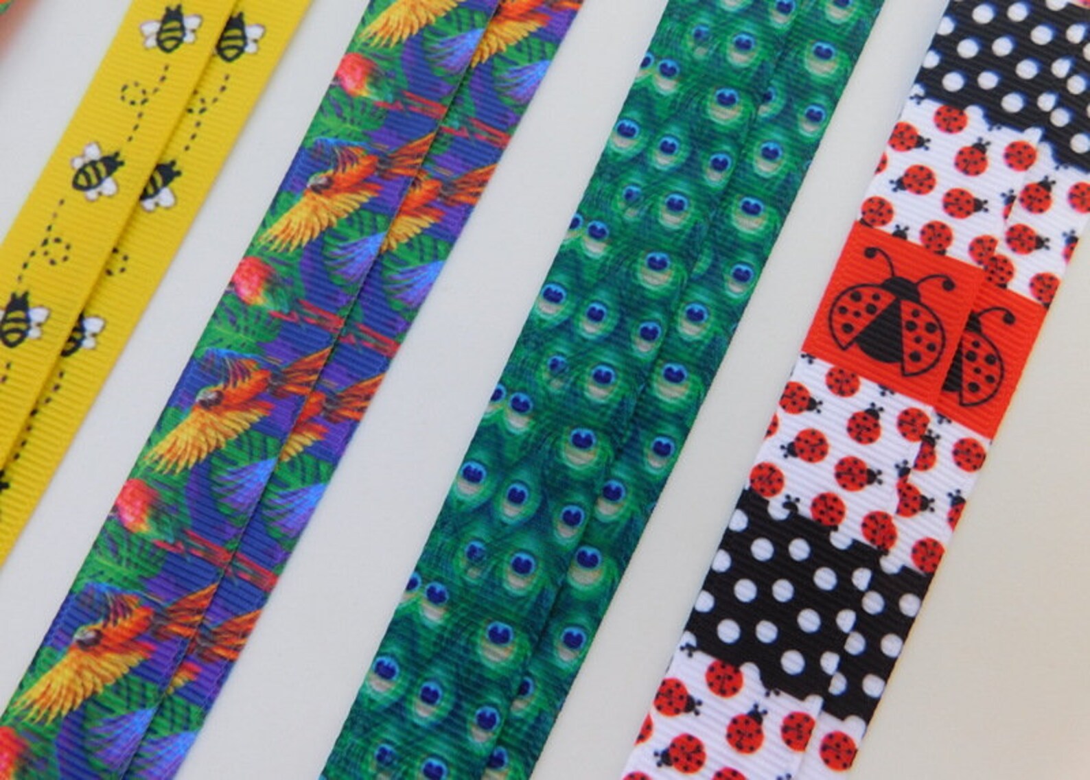 5/8 Ribbon Birds & Flowers Parrots Macaws, Peacock Feathers, Bees, Pink ...