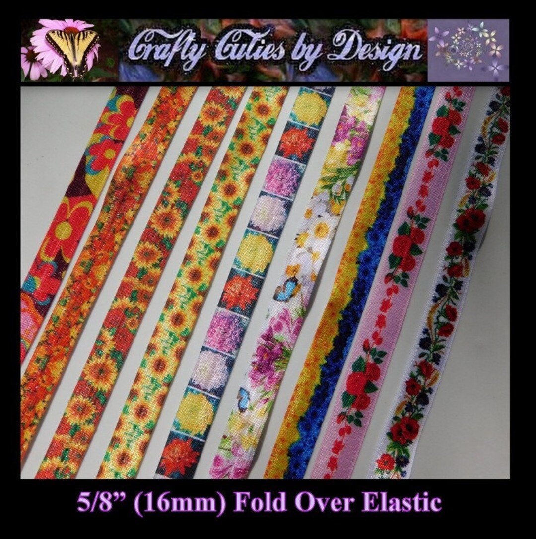 FOE Ribbon - Flowers #2 - 5/8" 16mm - Printed Fold Over Elastic by Yard ...